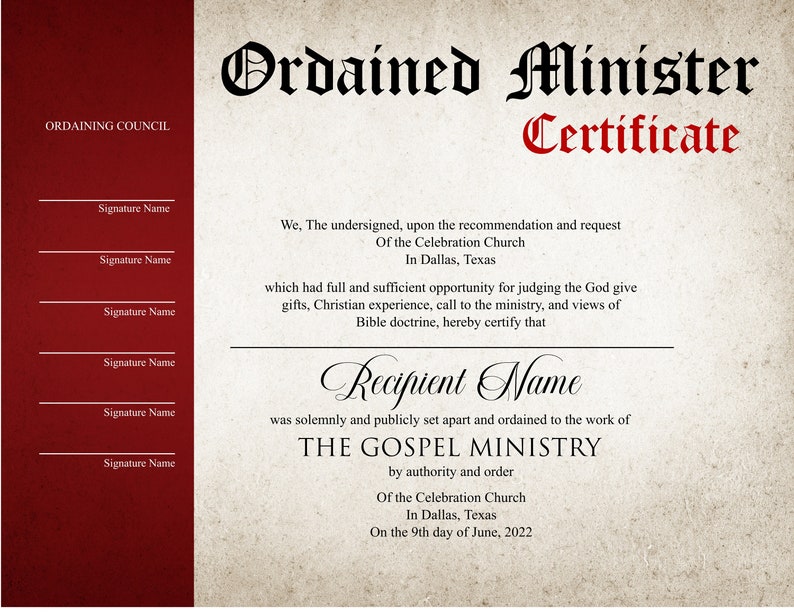 Editable Ordained Minister Certificate Template. Printable Certificate ...