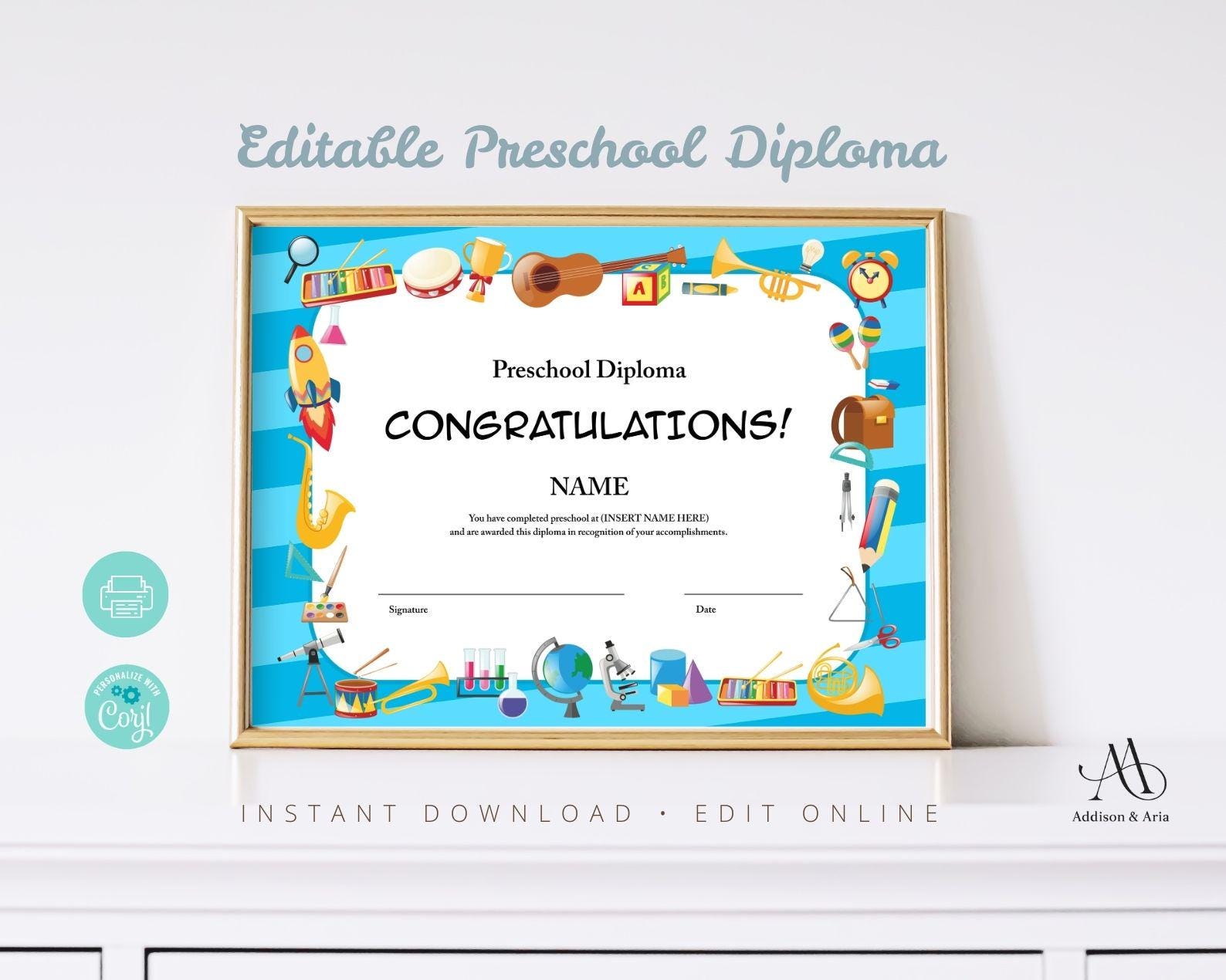 Editable Printable Kindergarten Diploma. Customizable Graduation ...