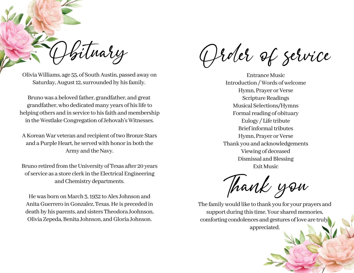 Editable Floral Funeral Program Template With Free Thank You - Etsy