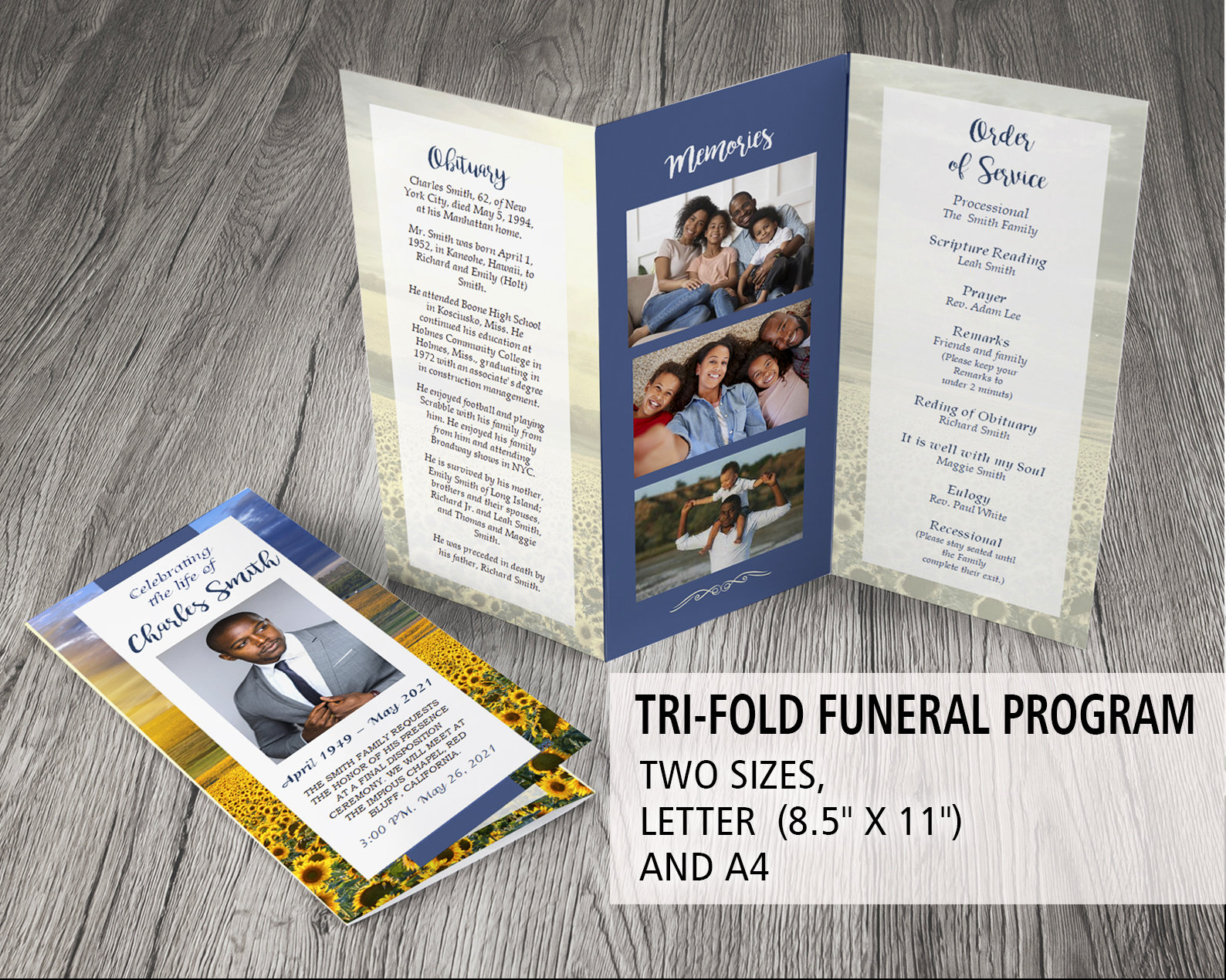 Trifold Funeral Program Template Obituary Template - Etsy