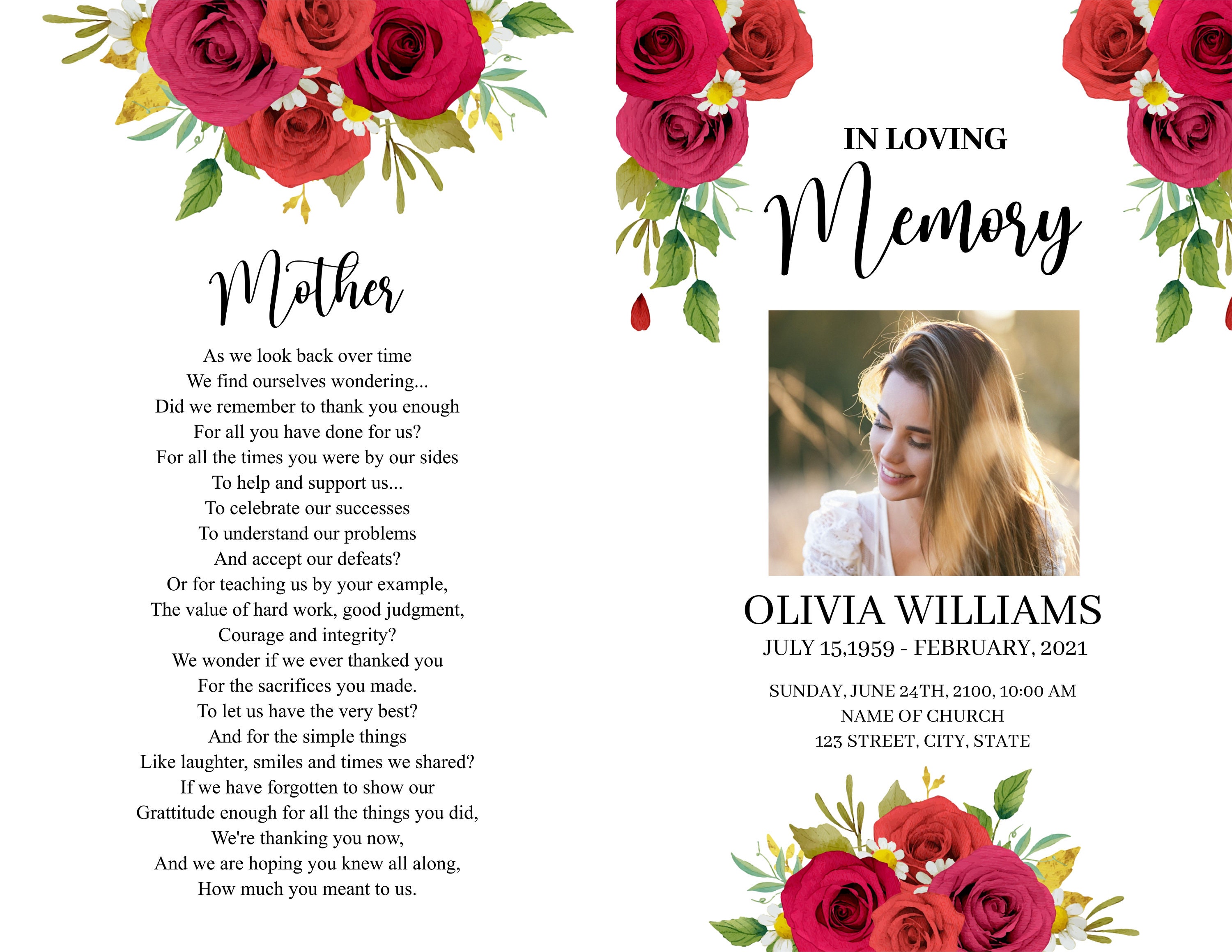Editable Floral Rose Funeral Program Template With Free Thank | Etsy