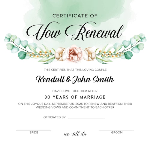 Elegant Vow Renewal Certificate Template Printable Marriage - Etsy