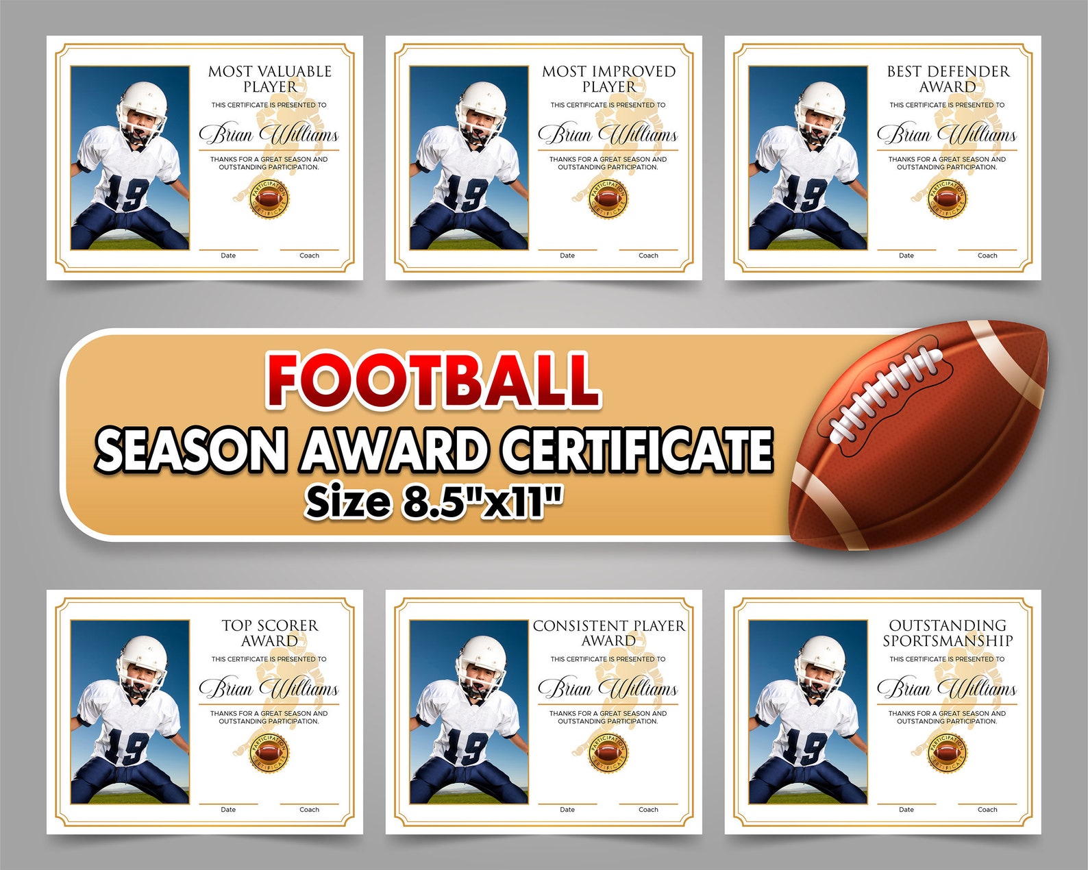 Editable End of Season Football Award Certificates With Photo. | Etsy