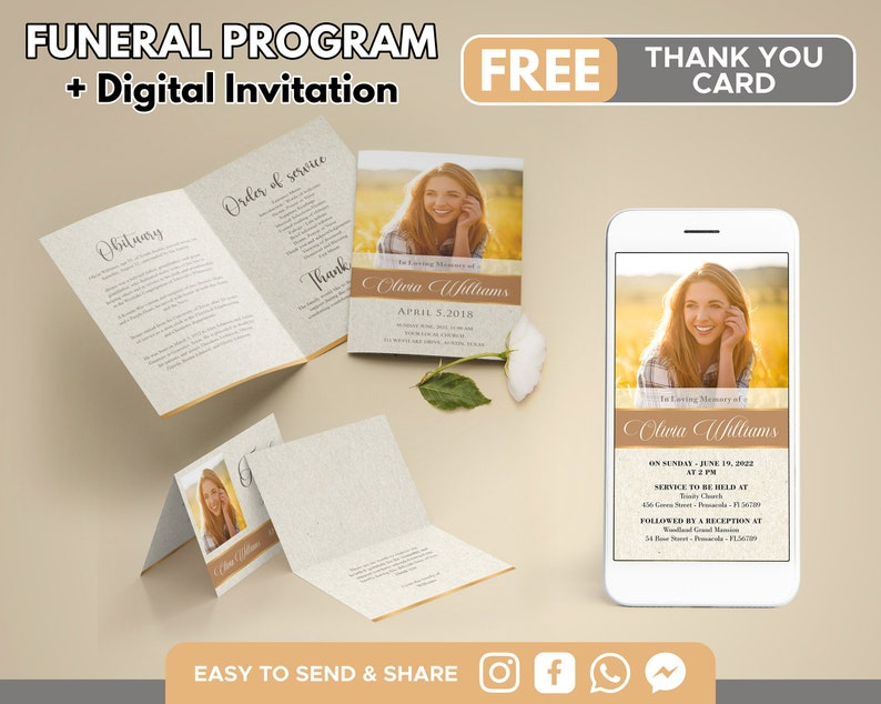 Editable Funeral Program Template With Free Thank You Card and - Etsy
