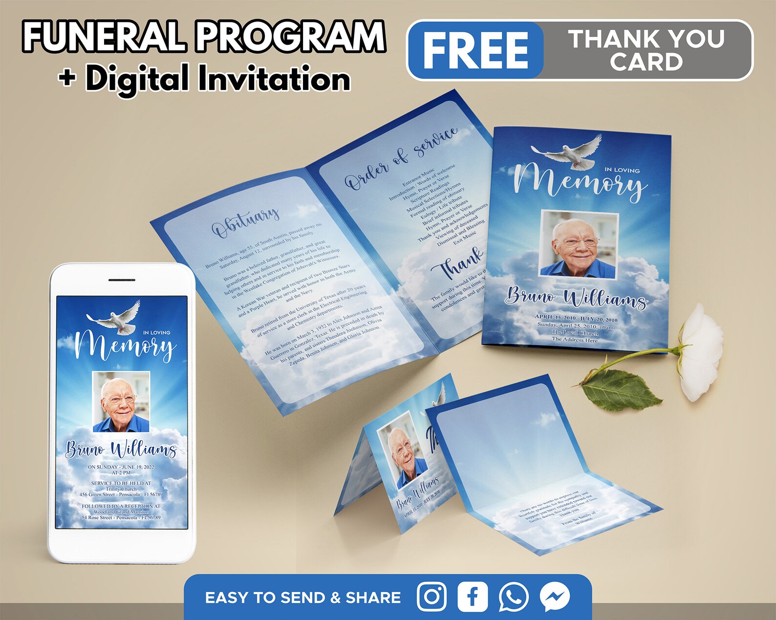 Editable Funeral Program Template With Free Thank You Card and Digital ...