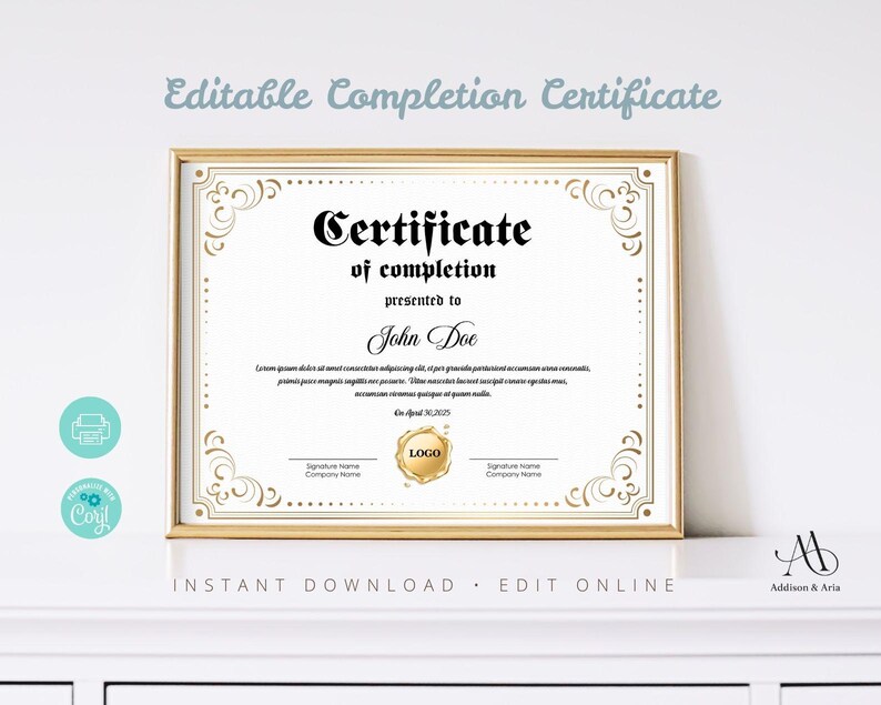 Editable Certificate of Completion Template. Editable Printable ...