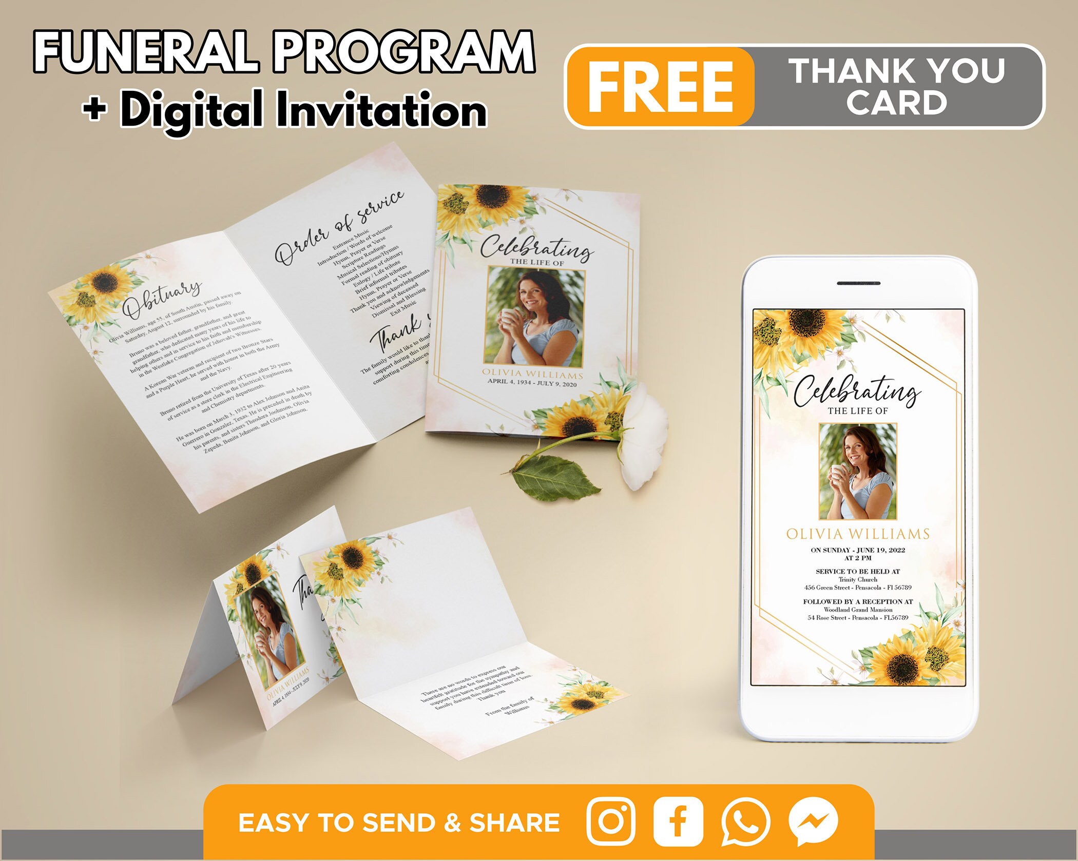 Editable Floral Sunflower Funeral Program Template With Free - Etsy