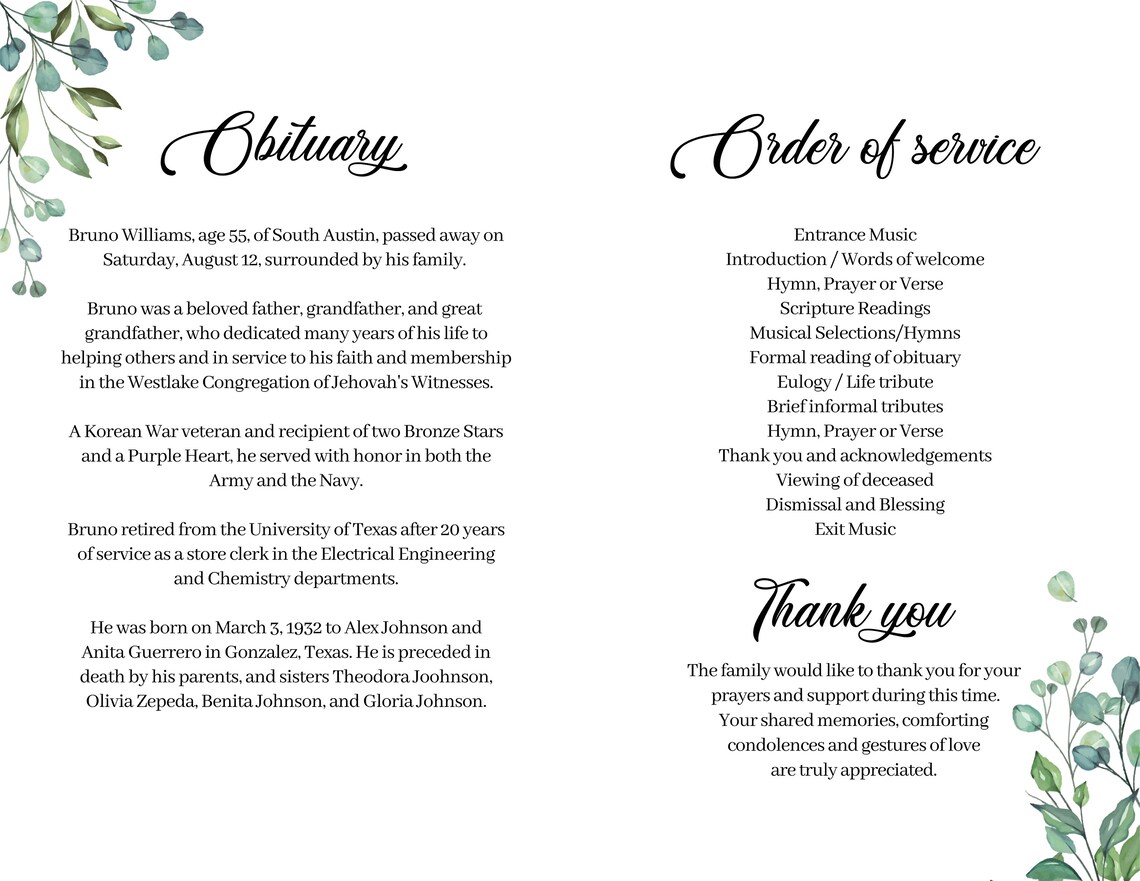 Editable Funeral Program Template With Free Thank You Card and Digital ...