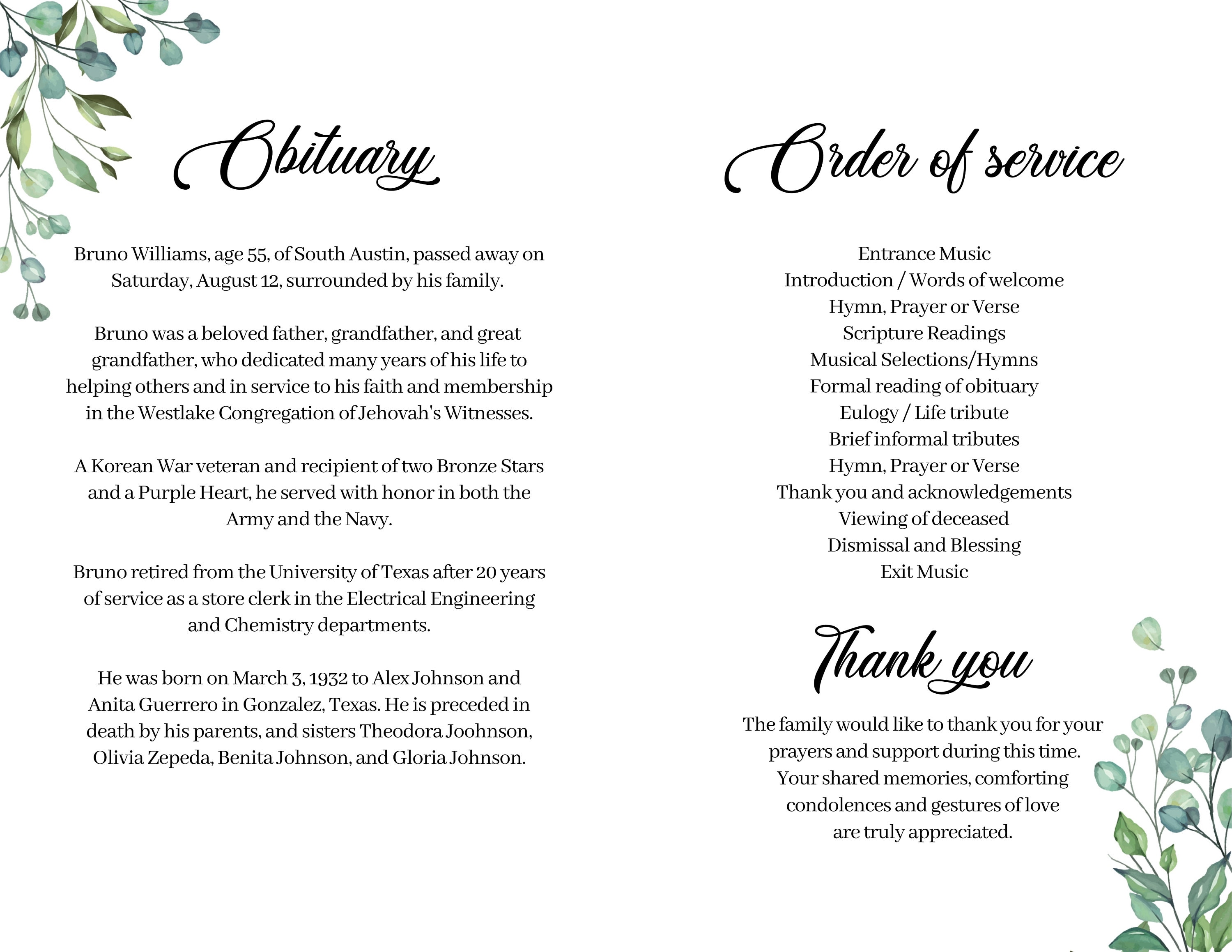 Editable Funeral Program Template With Free Thank You Card and Digital ...