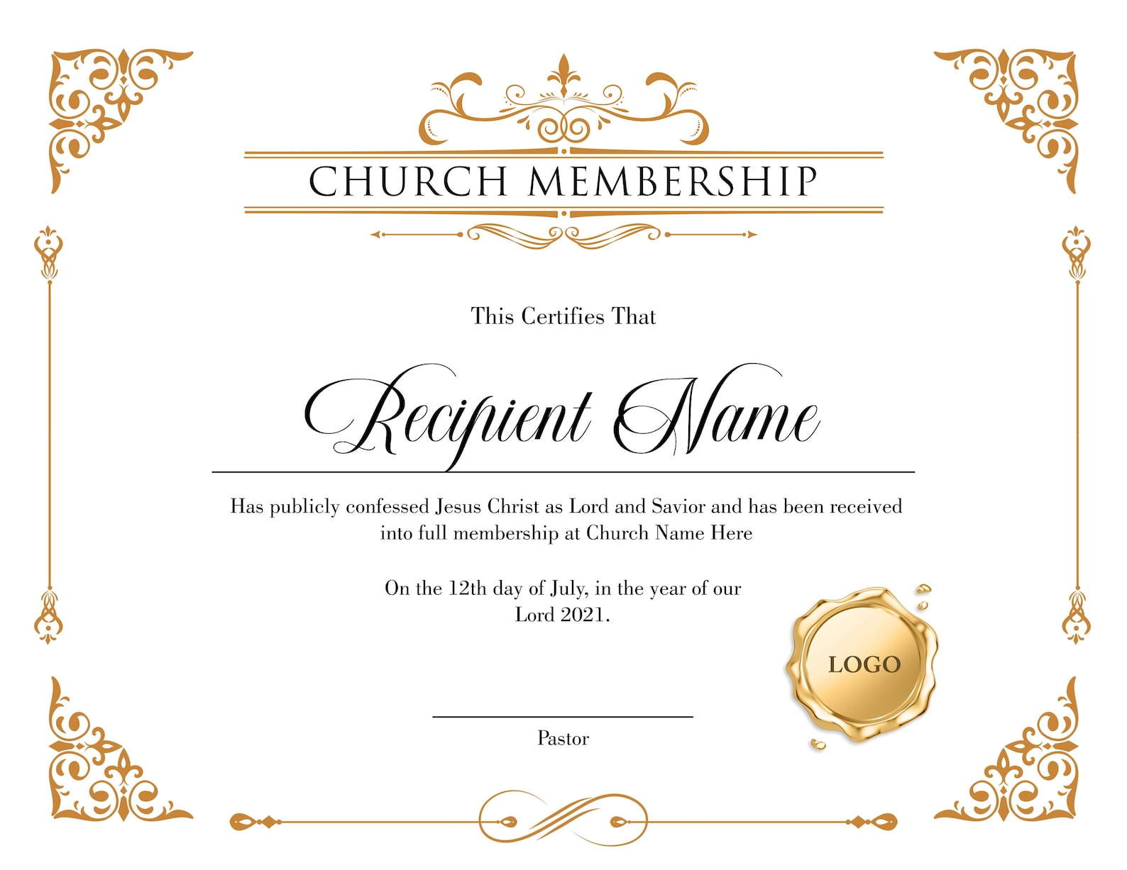 Editable Church Membership Certificate Template. Printable Certificate ...