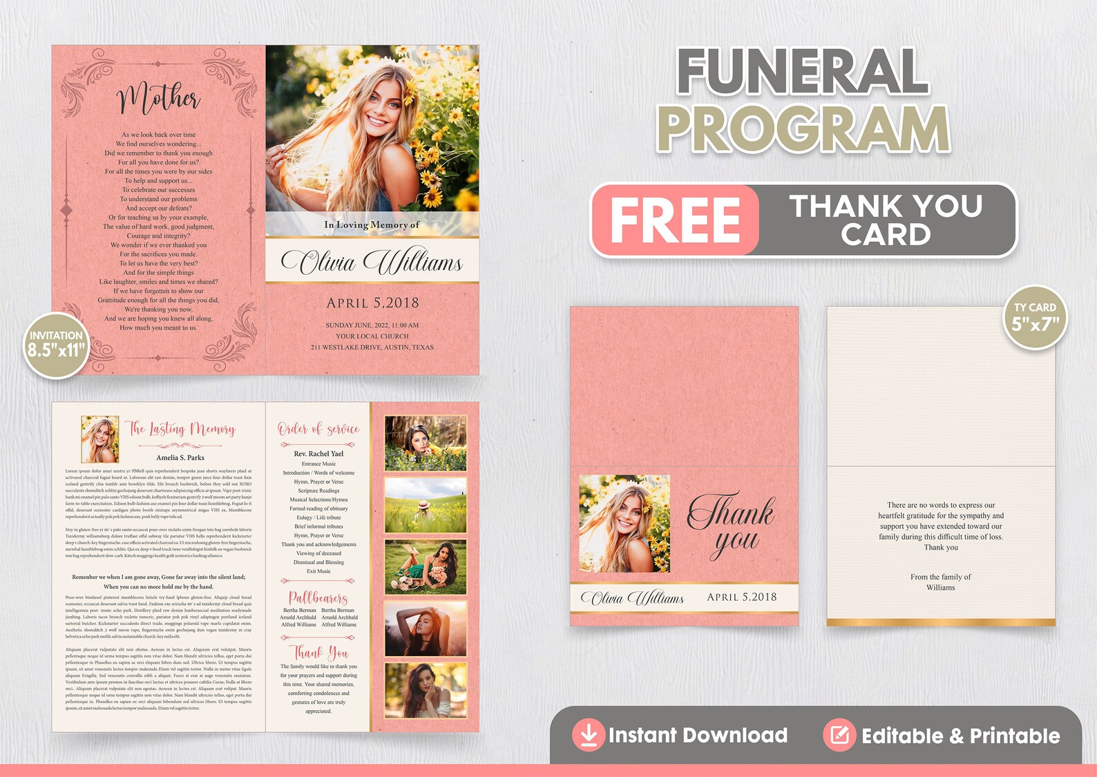 Editable Funeral Program Template With Free Thank You Card. Memorial ...
