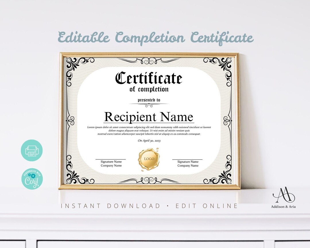 Editable Certificate of Completion Template. Editable Printable ...