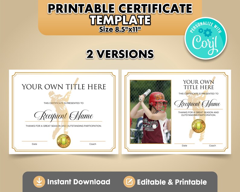 Editable Softball Award Certificates 2 Versions. - Etsy