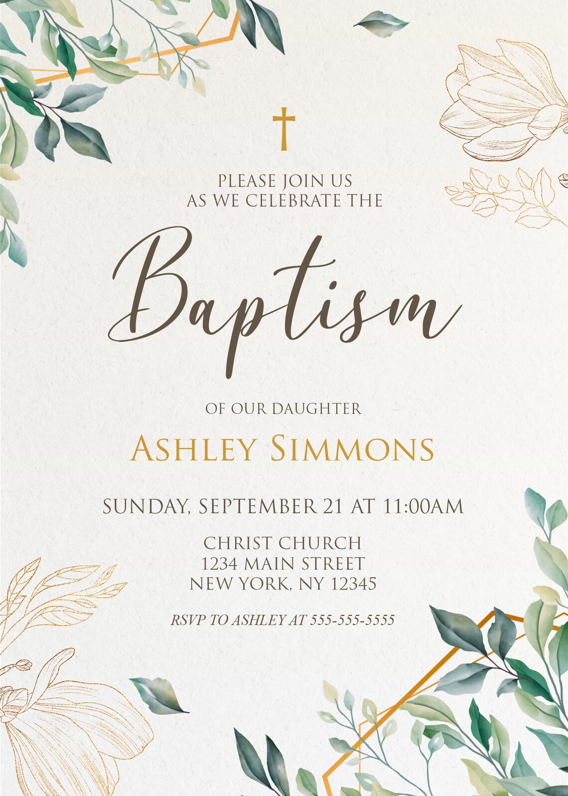Editable Baptism Invitation Template. Botanical. Printable Baptism ...