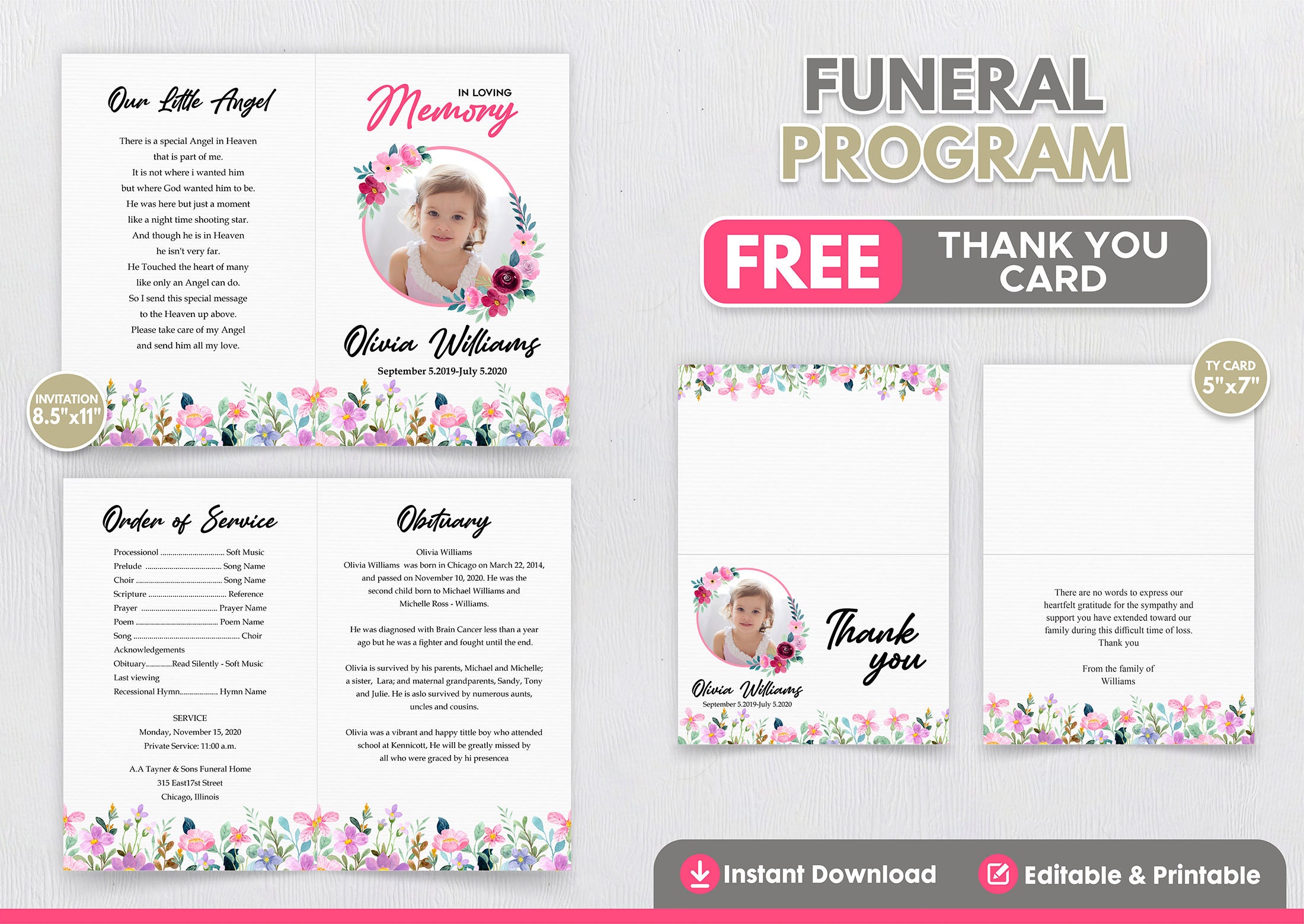 Plantilla de programa funerario floral para niños. Funeral infantil ...
