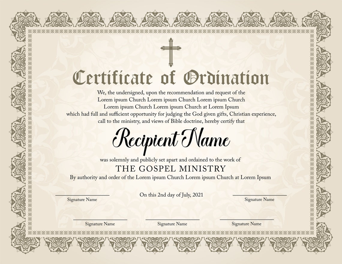 Editable Ordained Minister Certificate Template. Printable Certificate ...