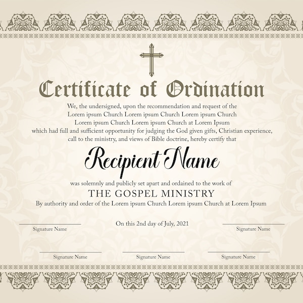 Pastoral Ordination Certificate Template - Etsy
