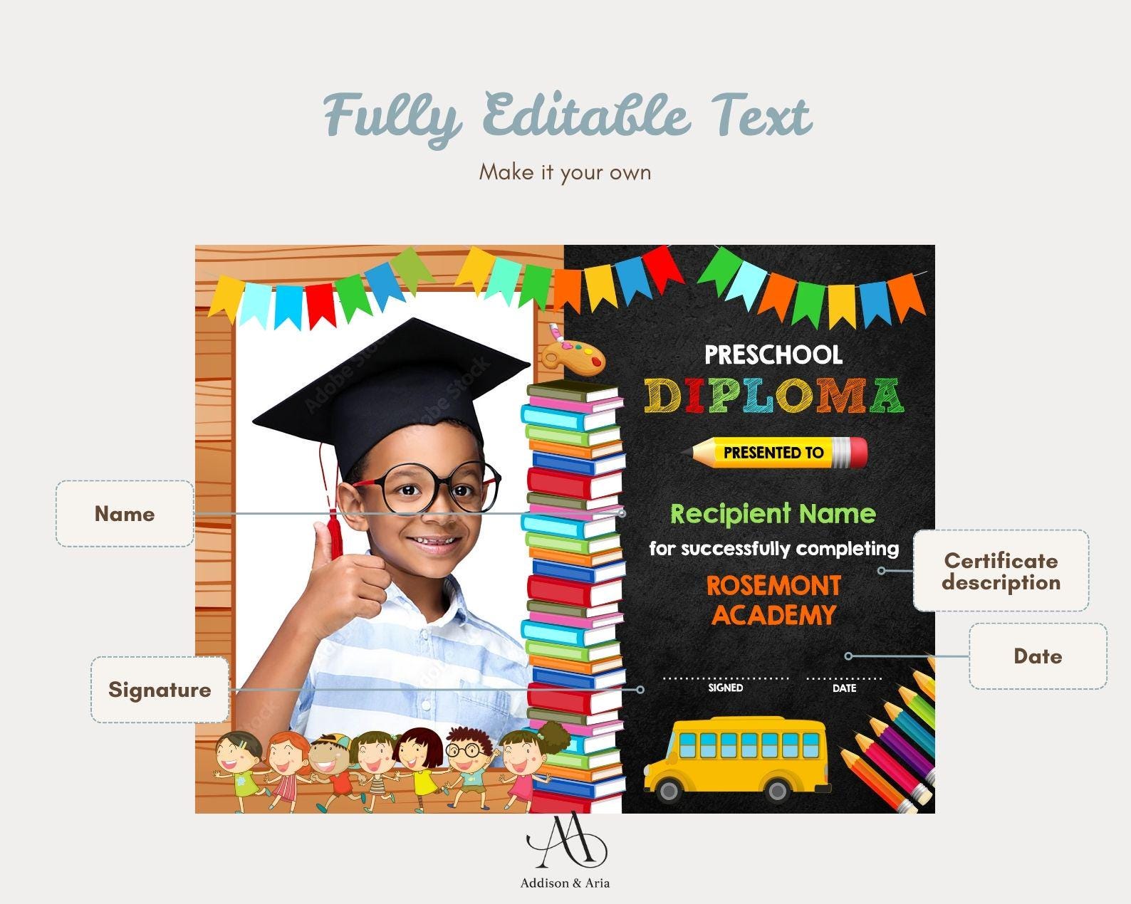 Editable Printable Preschool Kindergarten Diploma. Customizable ...