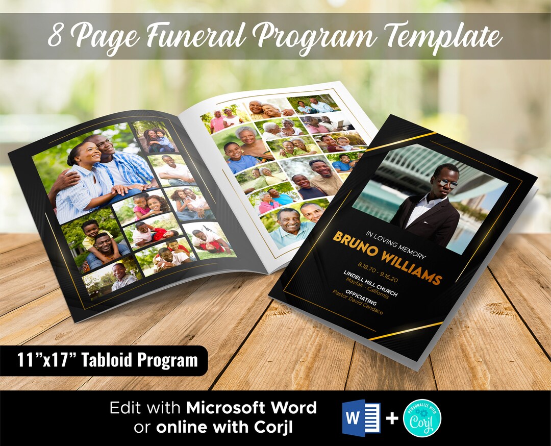 8 Page Funeral Program Template | 8 Page Obituary Template | 11 X 17 ...