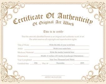 Editable Certificate of Authenticity for Artwork Artwork - Etsy