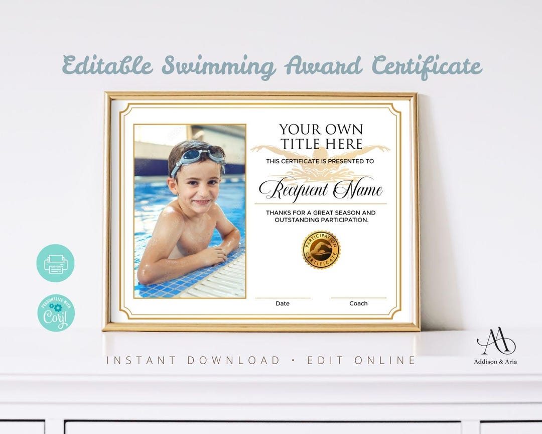 Editable Swimming Award Certificates. Customizable Swimming Certificate ...