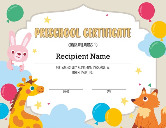 Preschool Certificate Template Editable Printable Certificate Template