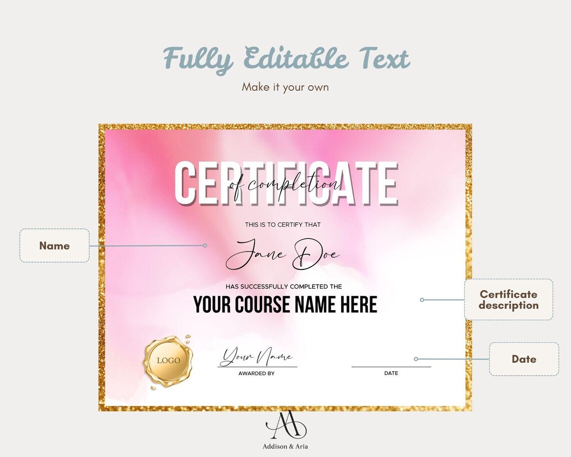 Editable Certificate of Completion Template. Editable Printable ...