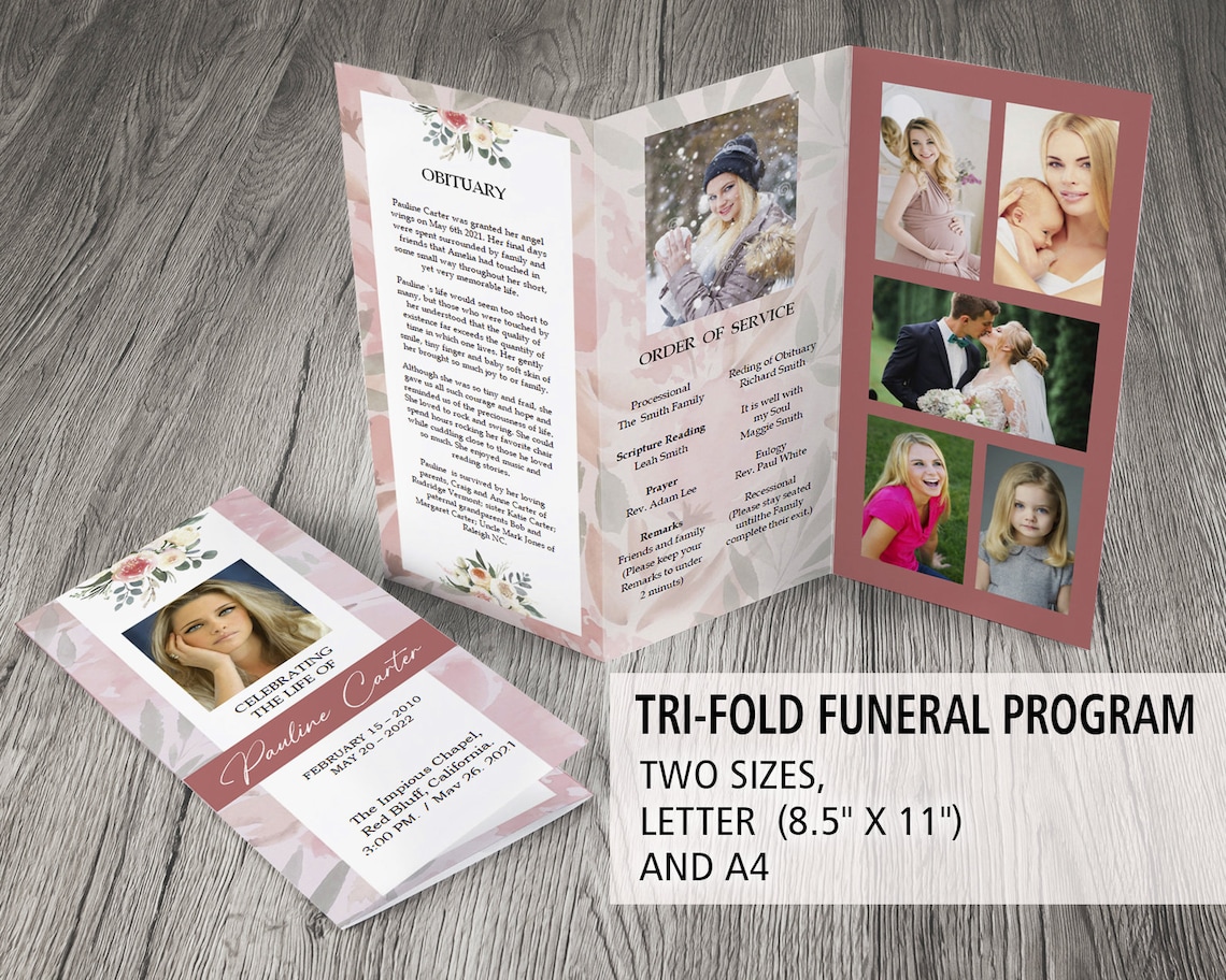 Trifold Funeral Program Template Obituary Template - Etsy