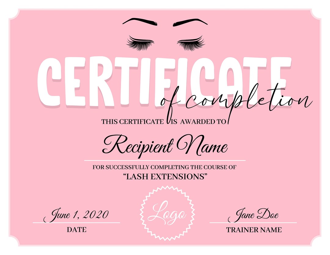 Lash Certificate of Completion Template. Editable Eyelash Certificate ...