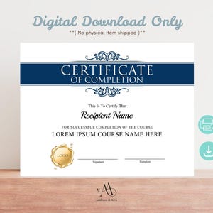 Editable Certificate of Completion Template. Editable Printable ...