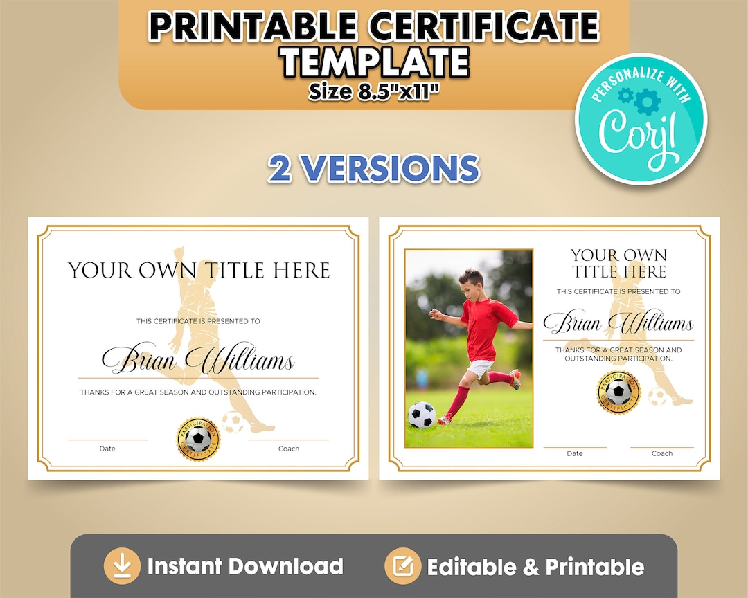 Editable Soccer Award Certificates (2 Versions). Customizable Soccer ...