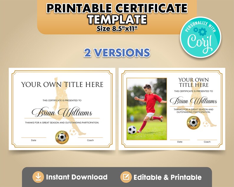 Editable Soccer Award Certificates 2 Versions. Customizable - Etsy