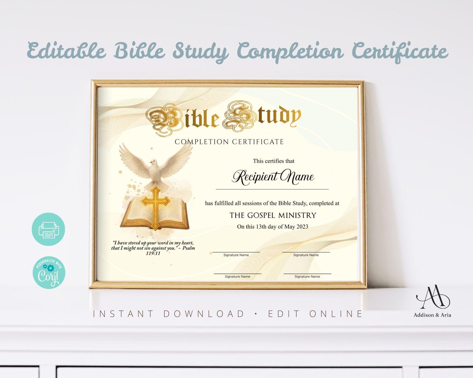 Editable Certificate of Bible Study Completion Template. Printable ...