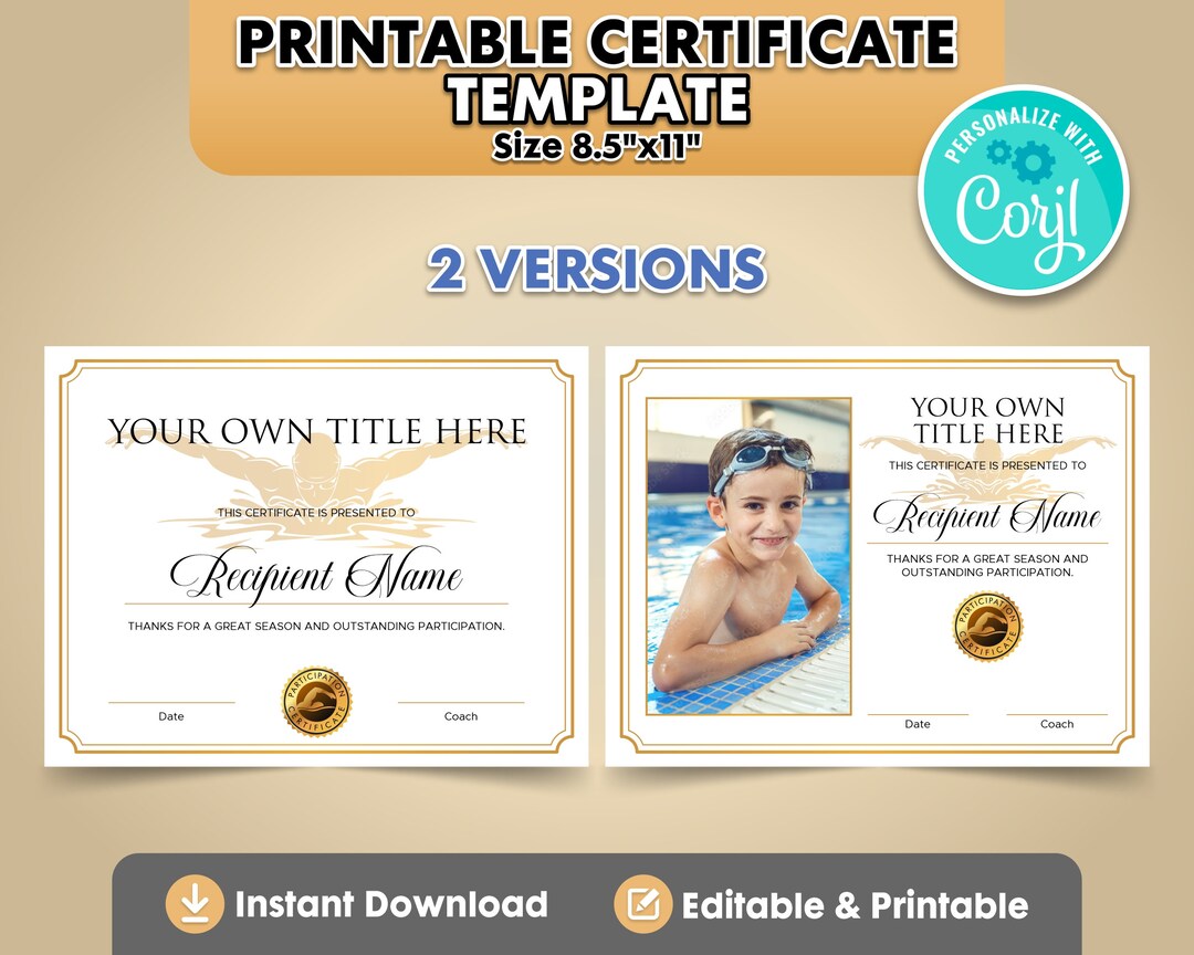 Editable Swimming Award Certificates (2 Versions). Customizable ...