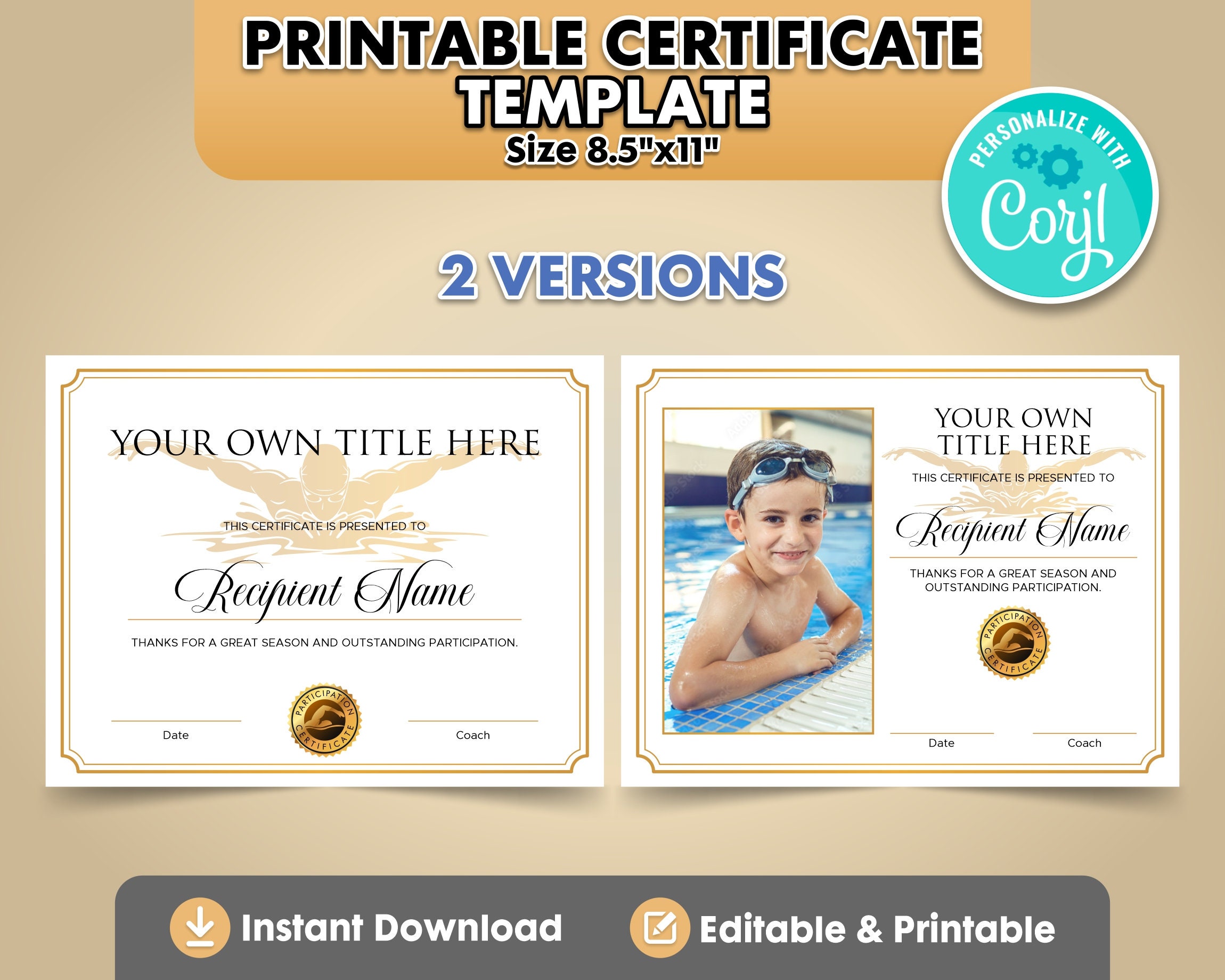 Editable Swimming Award Certificates 2 Versions. - Etsy