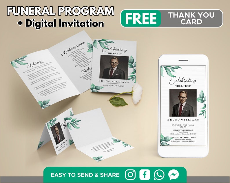 Editable Funeral Program Template With Free Thank You Card and Digital ...