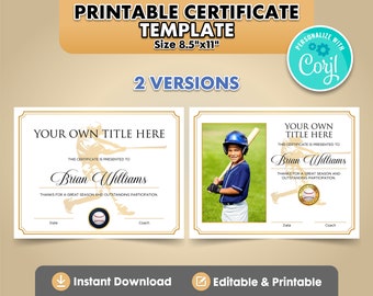 Editable Baseball Award Certificates 2 Versions. - Etsy