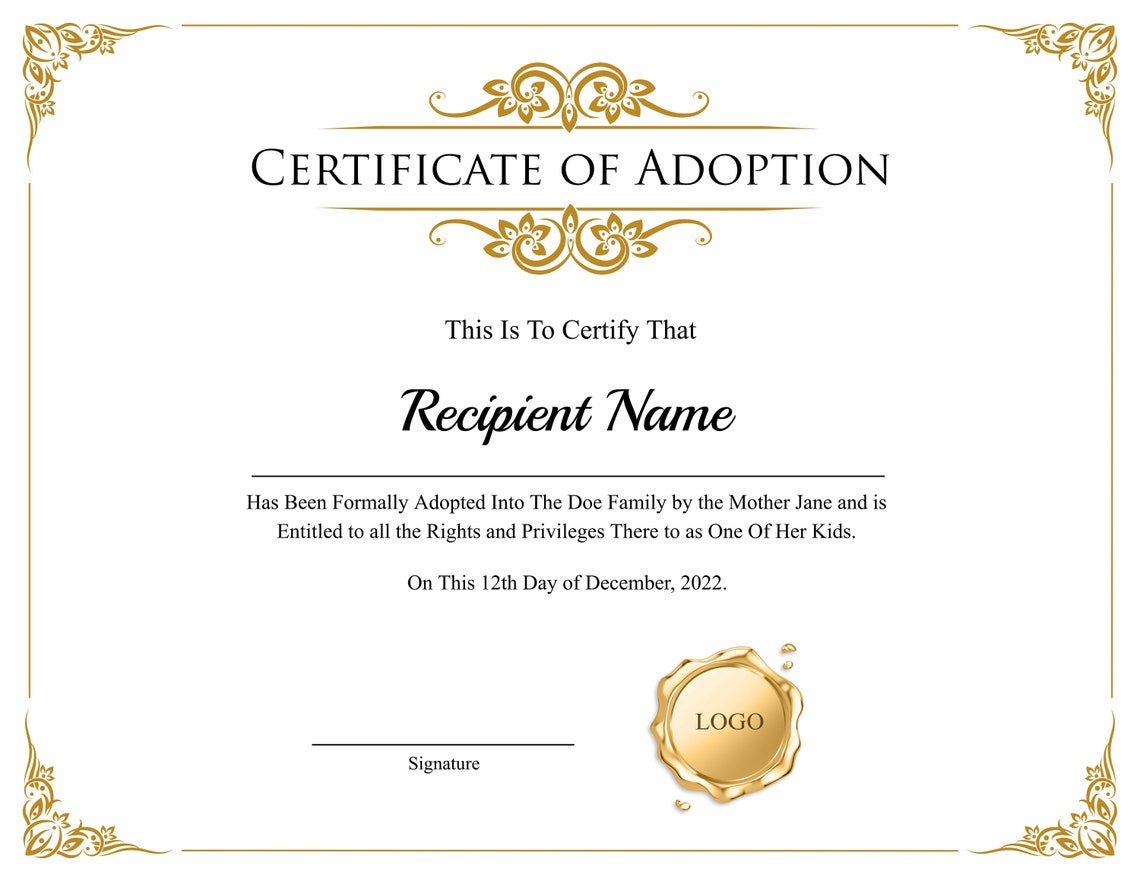 Certificate of Adoption to Our Family. Editable Printable Adoption ...