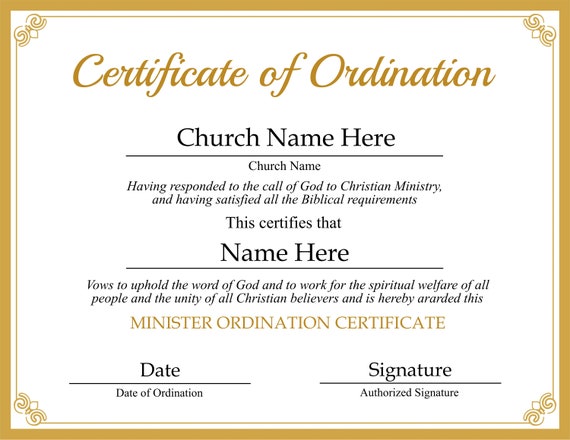 Editable Ordained Minister Certificate Template Printable Etsy