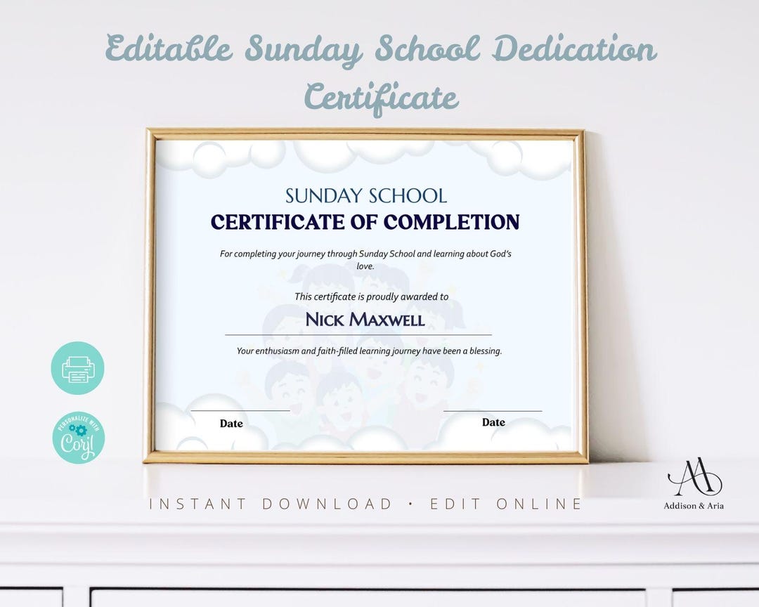 Editable Certificate of Completion Sunday School Template. Printable ...