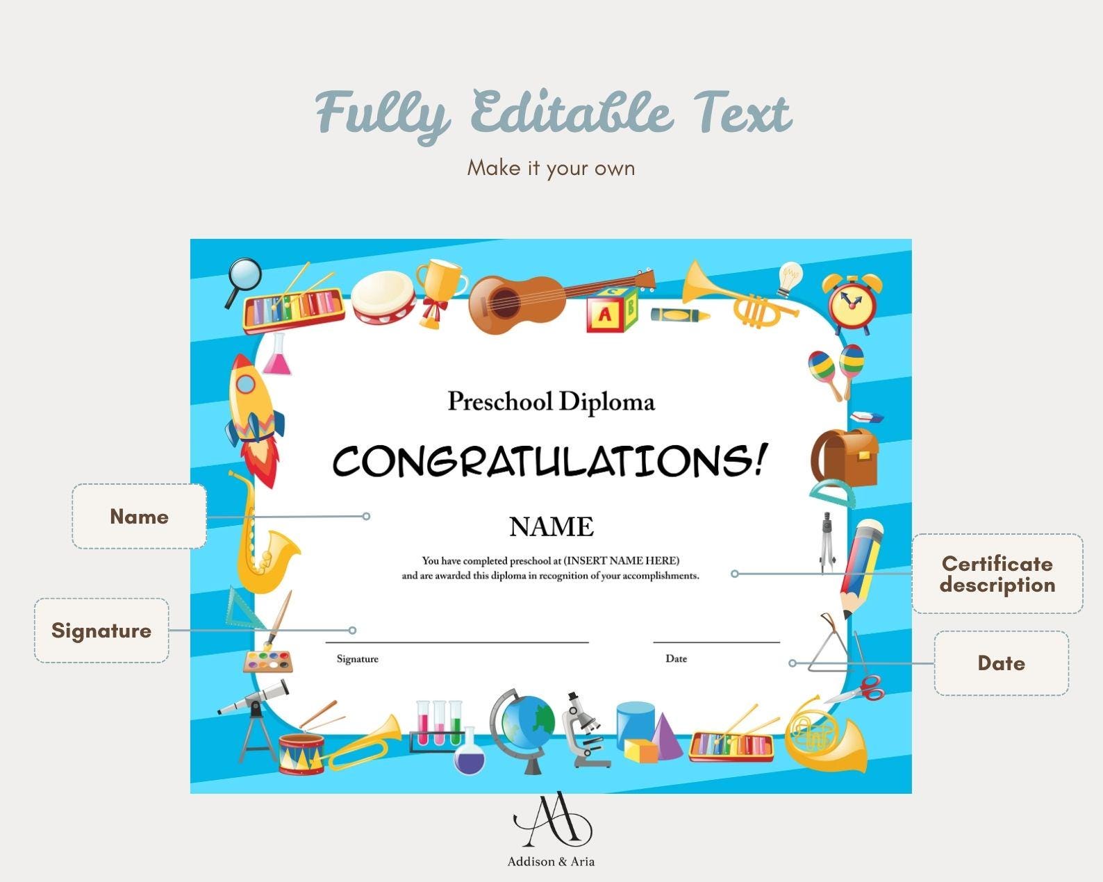 Editable Printable Kindergarten Diploma. Customizable Graduation ...