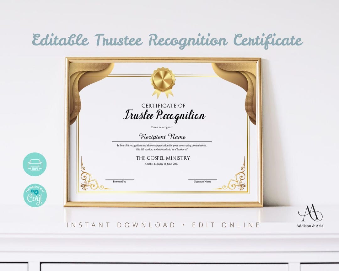 Editable Certificate of Trustee Recognition Template. Printable Trustee ...