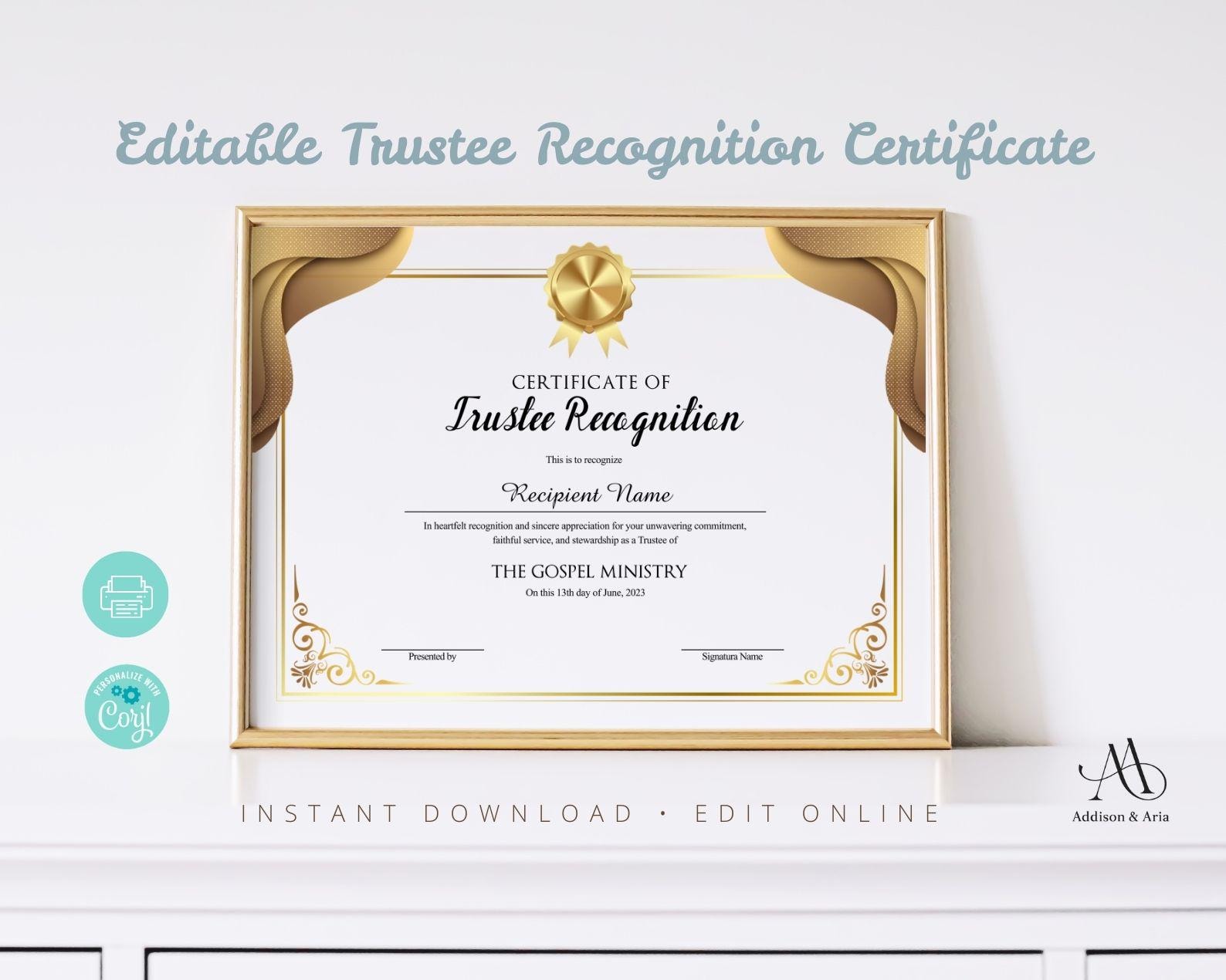 Editable Certificate of Trustee Recognition Template. Printable Trustee ...