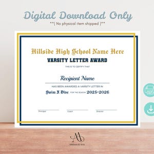 Editable Varsity Letter Award Template. Swim & Dive Template. JV Junior ...
