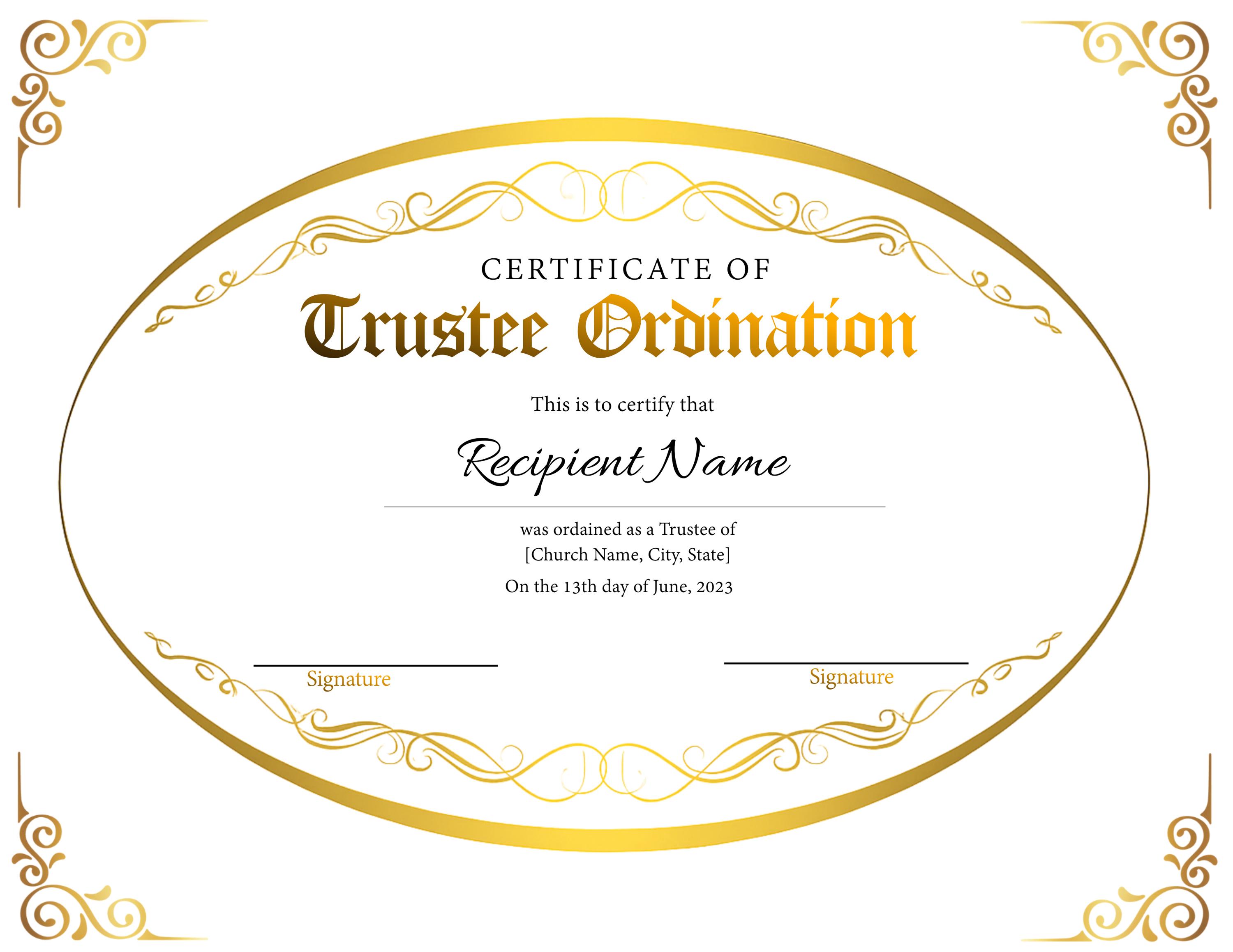 Editable Certificate of Trustee Ordination Template. Printable ...