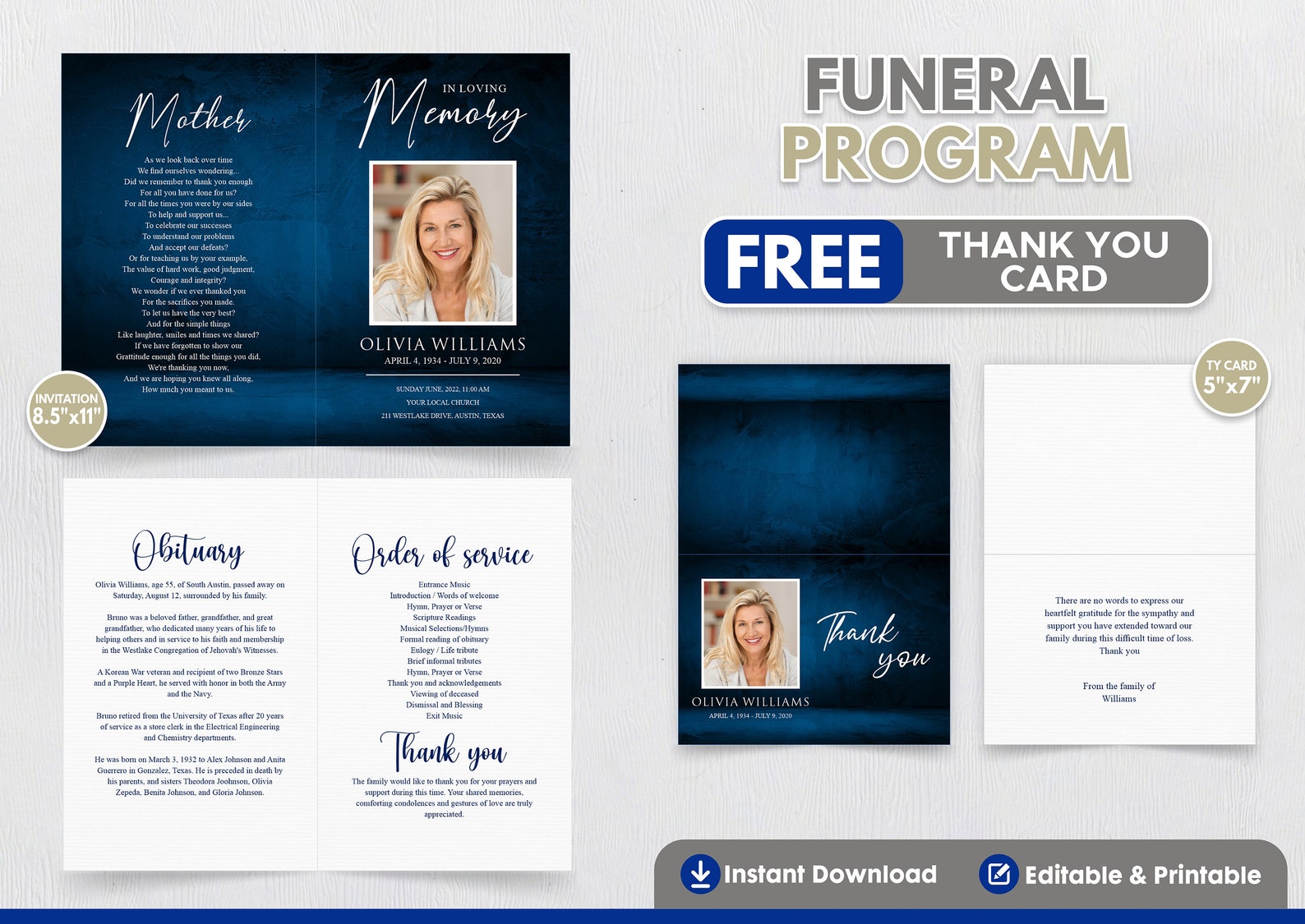 Editable Funeral Program Template With Free Thank You Card and - Etsy