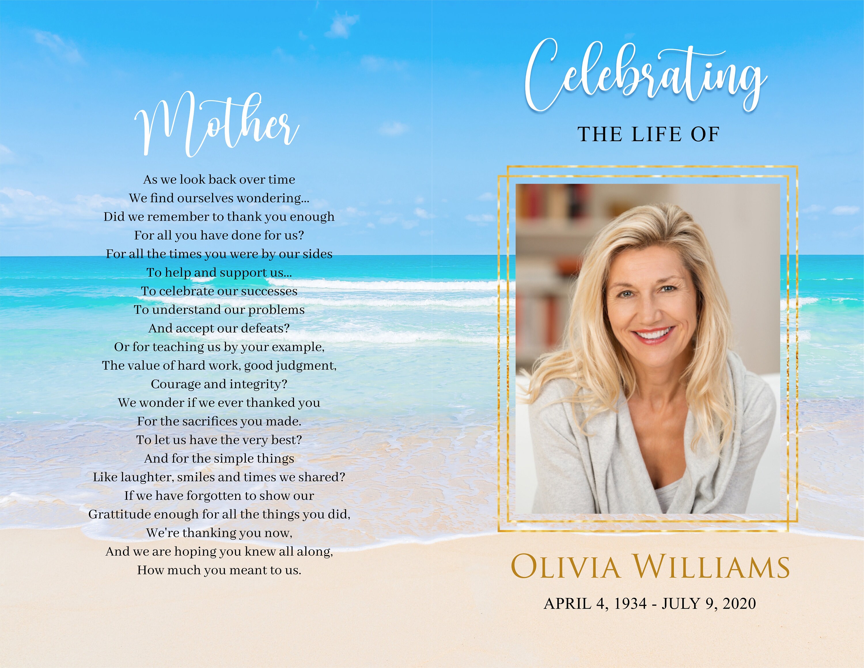 Editable Sea Ocean Funeral Program Template With Free Thank - Etsy