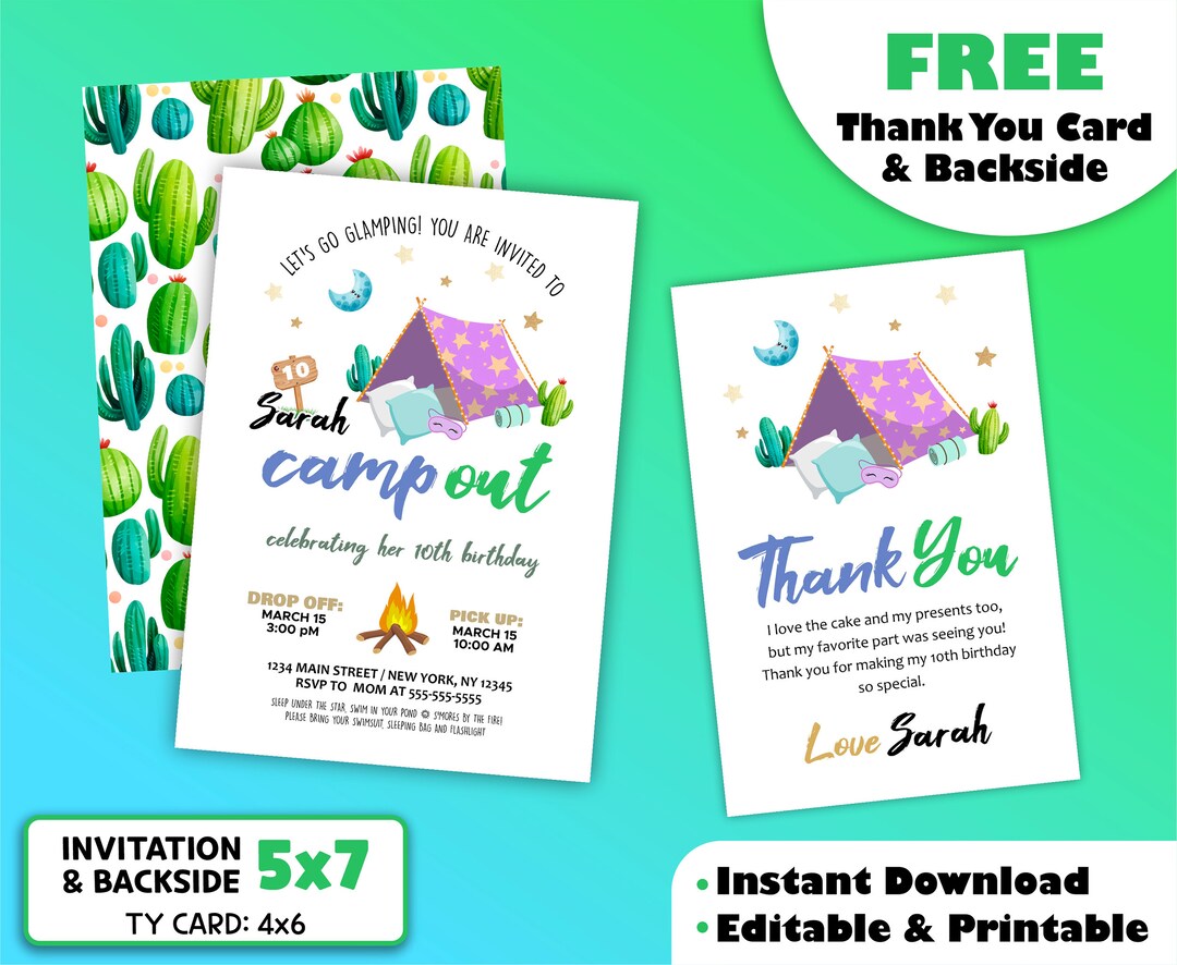 Camping/glamping Birthday Invitation With Free Thank You Card. Camp ...
