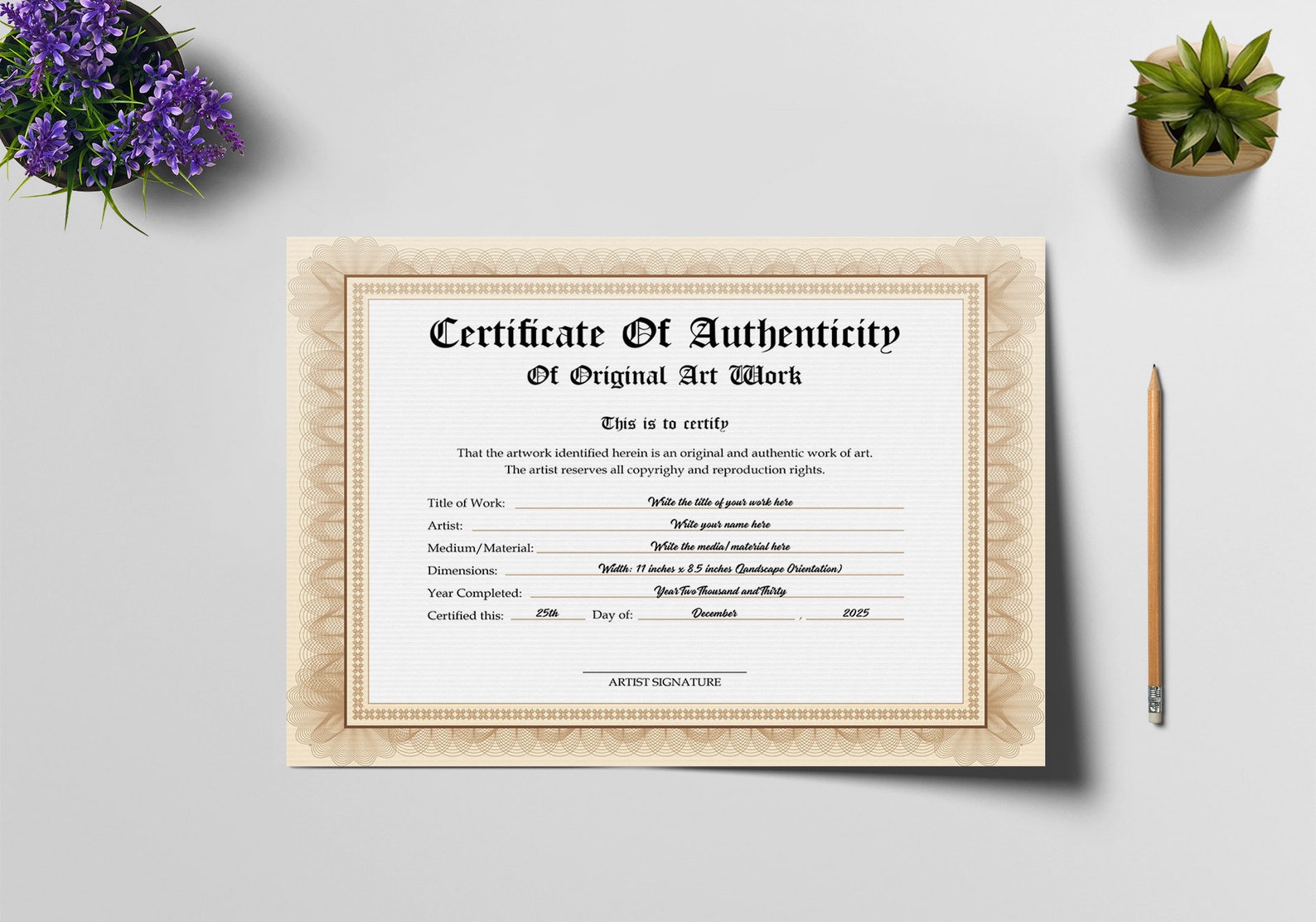 Printable Blank PDF Certificate of Authenticity for Artwork. DIY ...