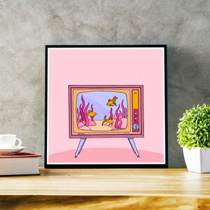Fish Illustration Telefishion Unique Art Print Retro TV Fish Tank ...